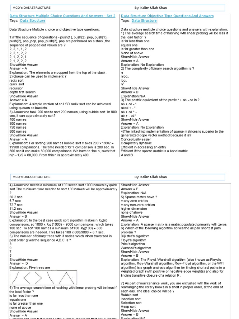 Data Structure Mcqs Pdf Matrix Mathematics Pointer Computer Programming