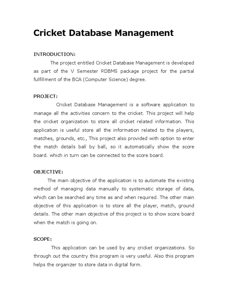 Synopsis Cricket Database Management 2 | PDF | Microsoft Sql Server ...