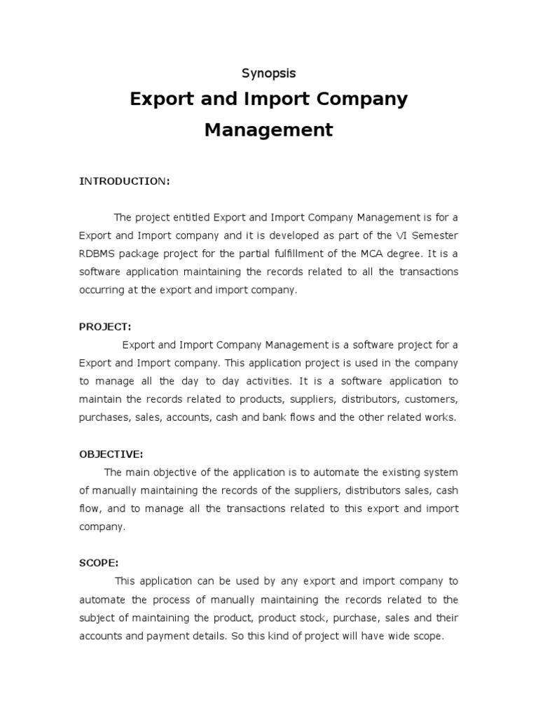 Synopsis Export and Import Company Management | PDF | Microsoft Access ...