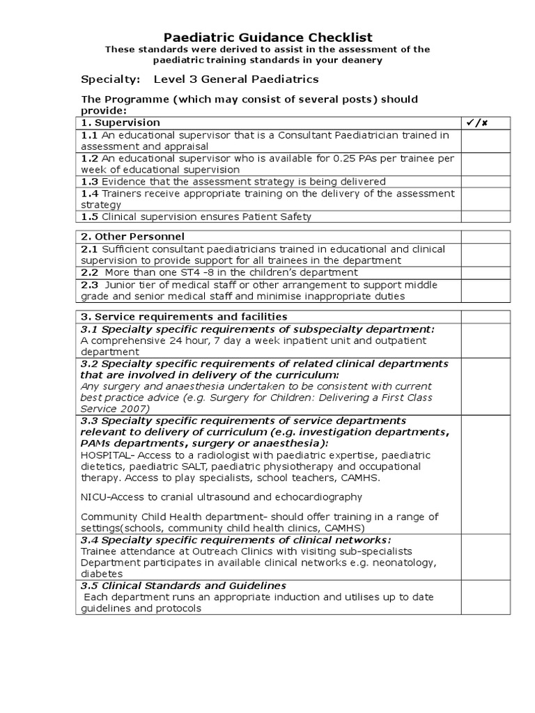 Paediatric Training Standards Checklist | PDF | Pediatrics | Specialty ...