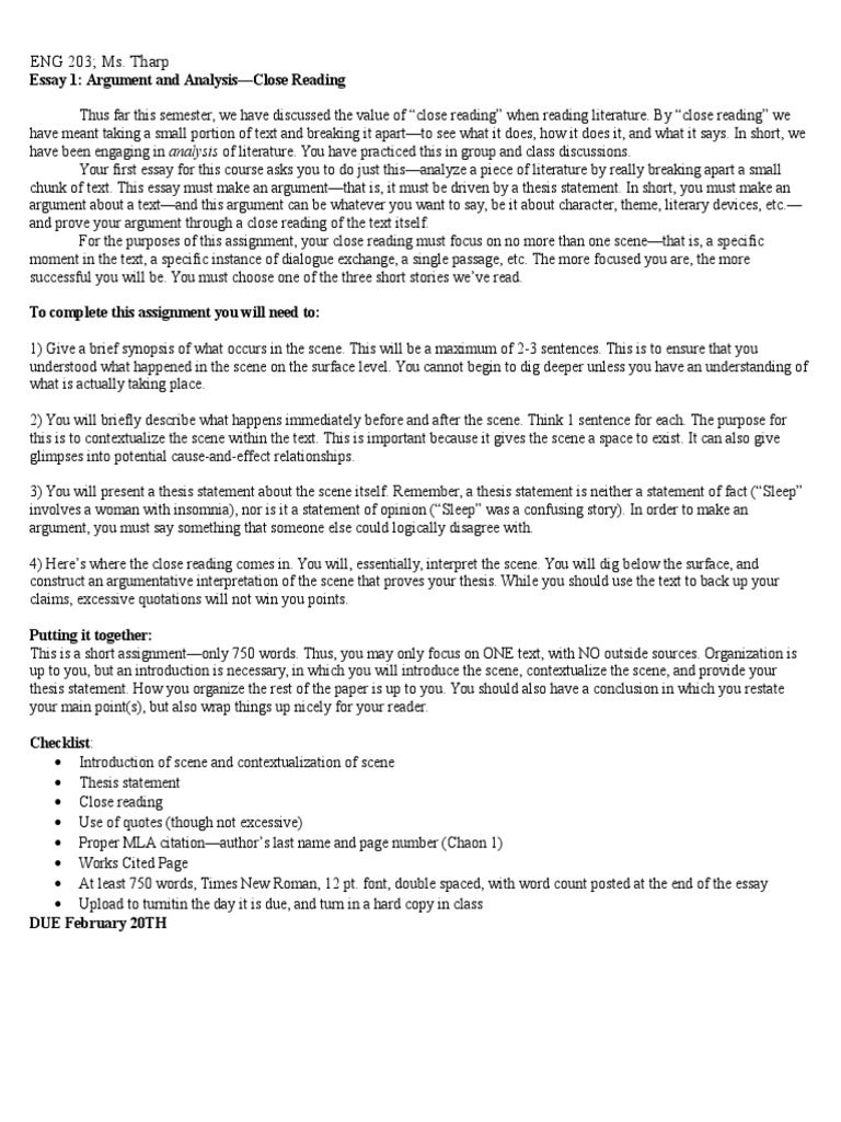 Close Reading Essay Assignment Guide | PDF | Essays | Argument