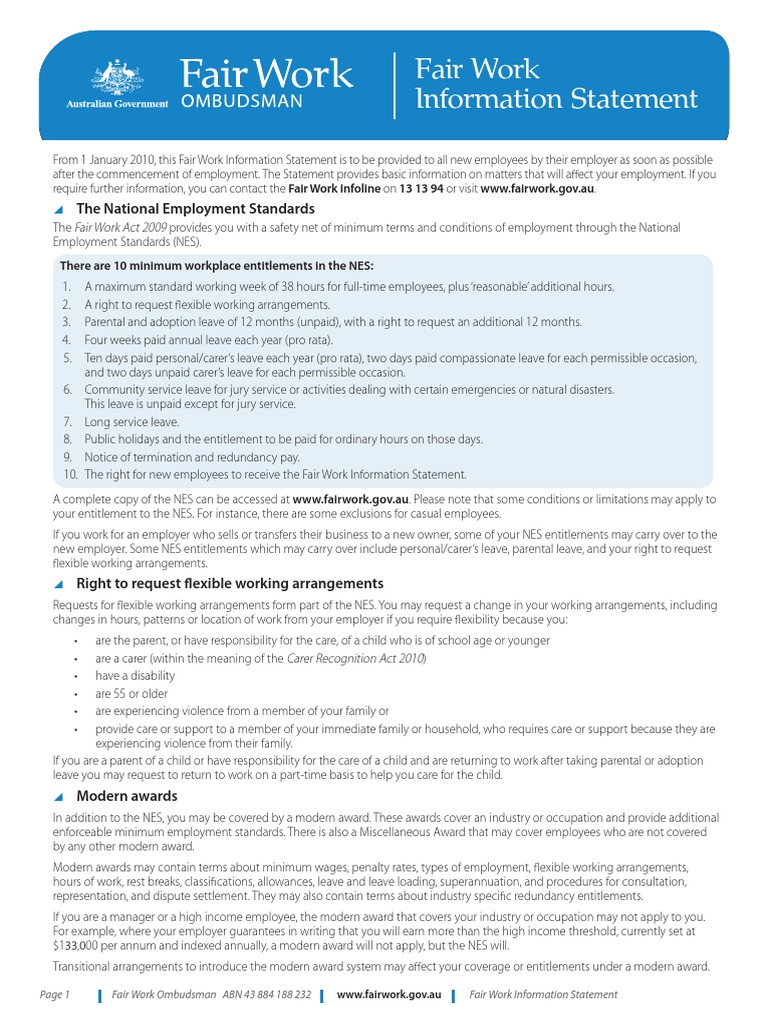 Fair Work Information Statement | PDF | Employment | Business Law