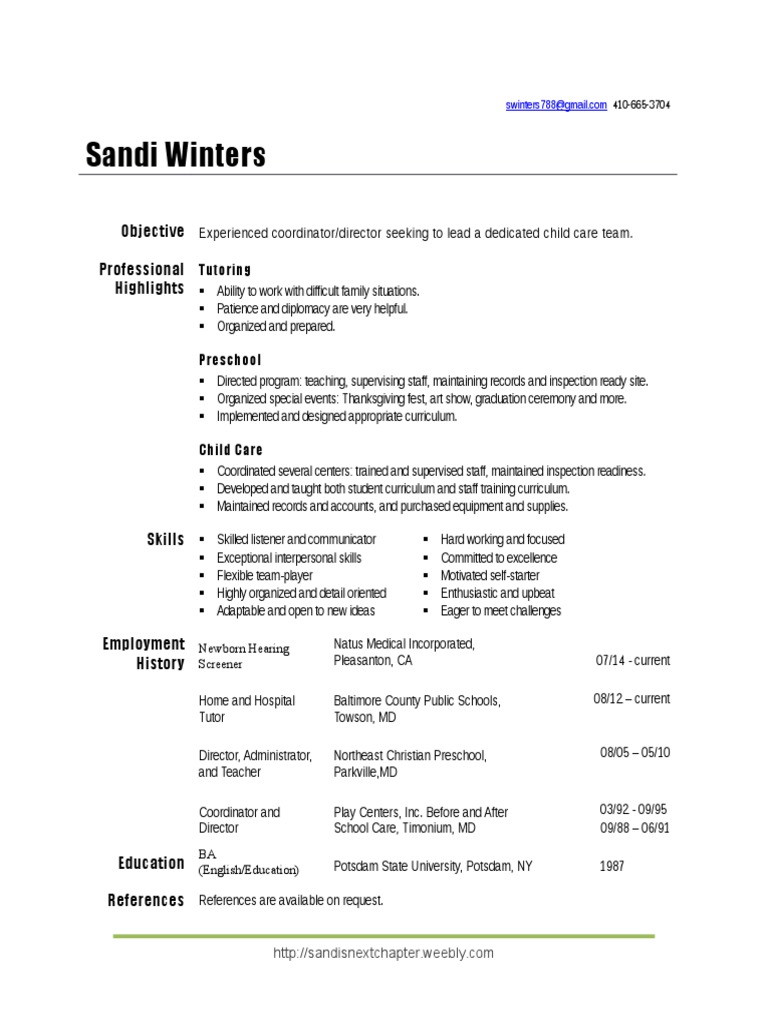 Preschool Director Resume of Sandi Winters | PDF