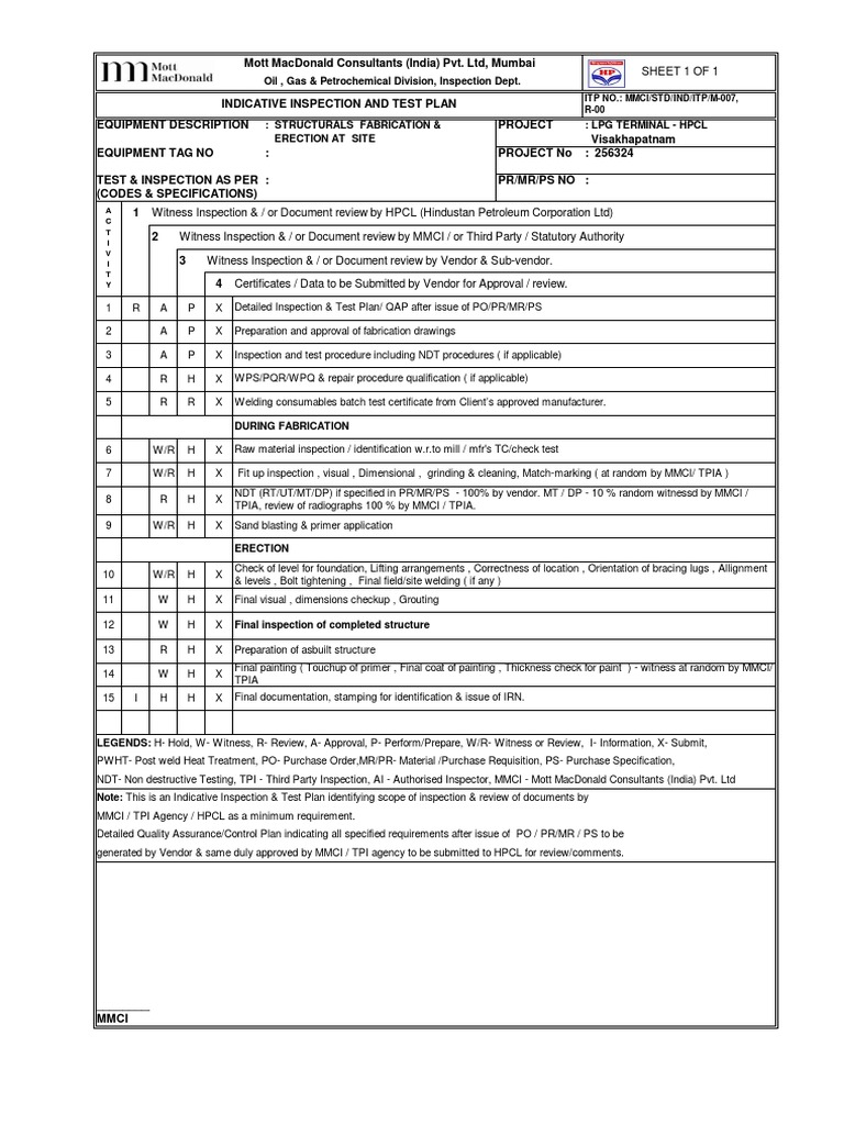 ITP For Structural Work Erection at Site | PDF
