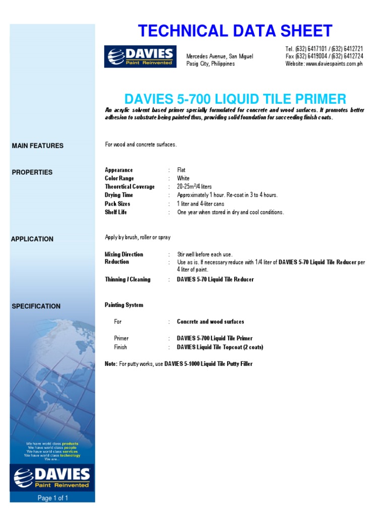 Davies Liquid Tile Primer Overview | PDF | Paint | Industrial Processes