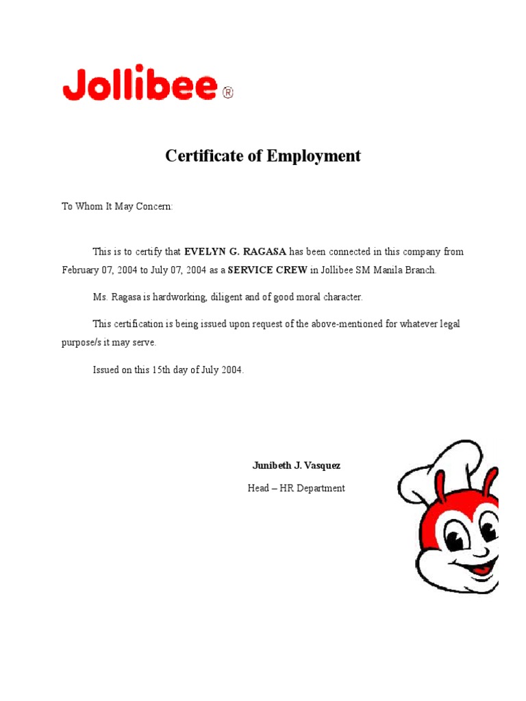 Certificate of Employment: Junibeth J. Vasquez | PDF