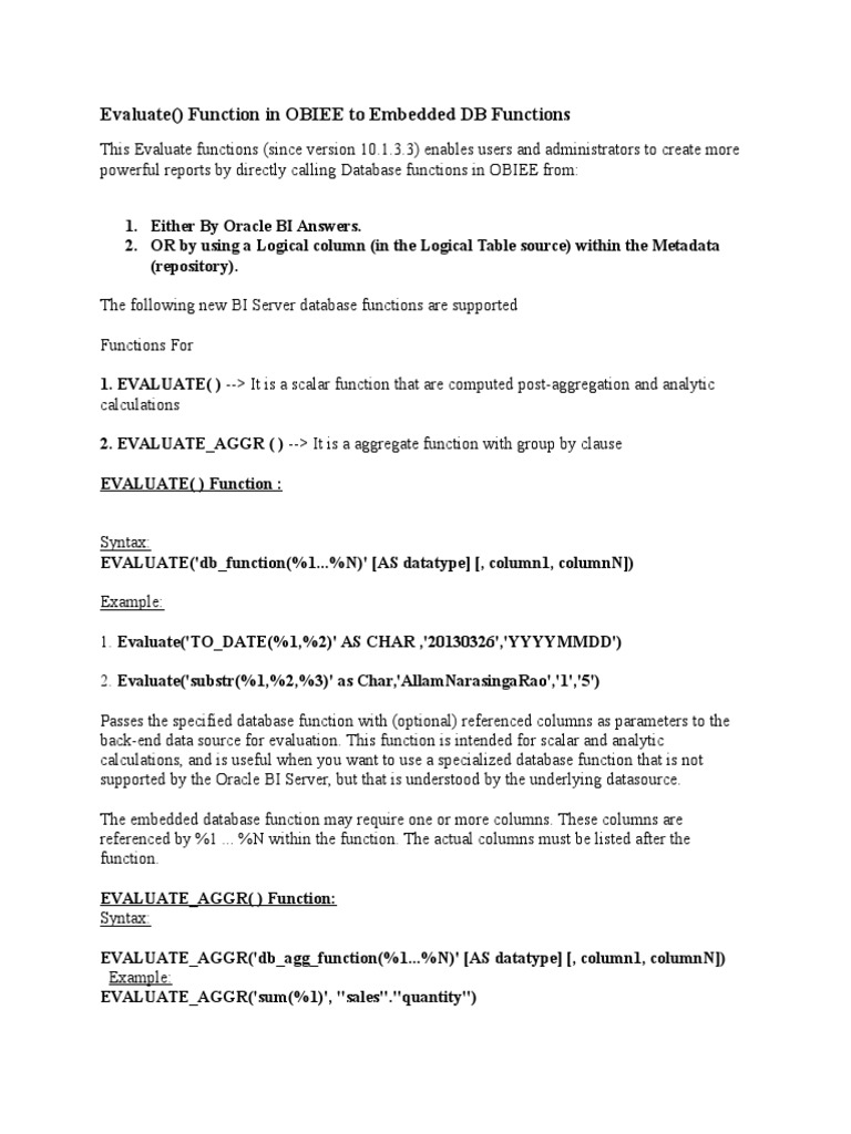 Evaluate Funtion Obiee11g | PDF | String (Computer Science) | Databases
