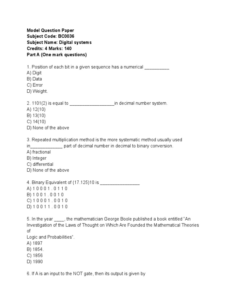 Model Question Paper Subject Code: BC0036 Subject Name: Digital Systems ...