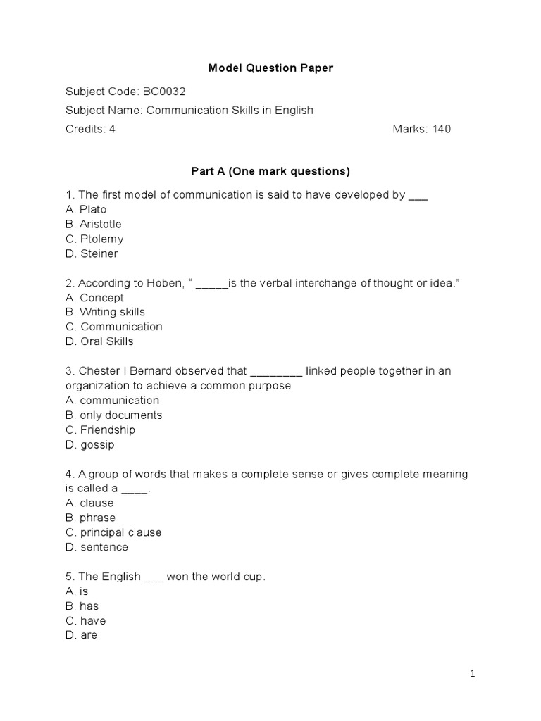Model Question Paper Communication Skills in English | PDF | Verb ...