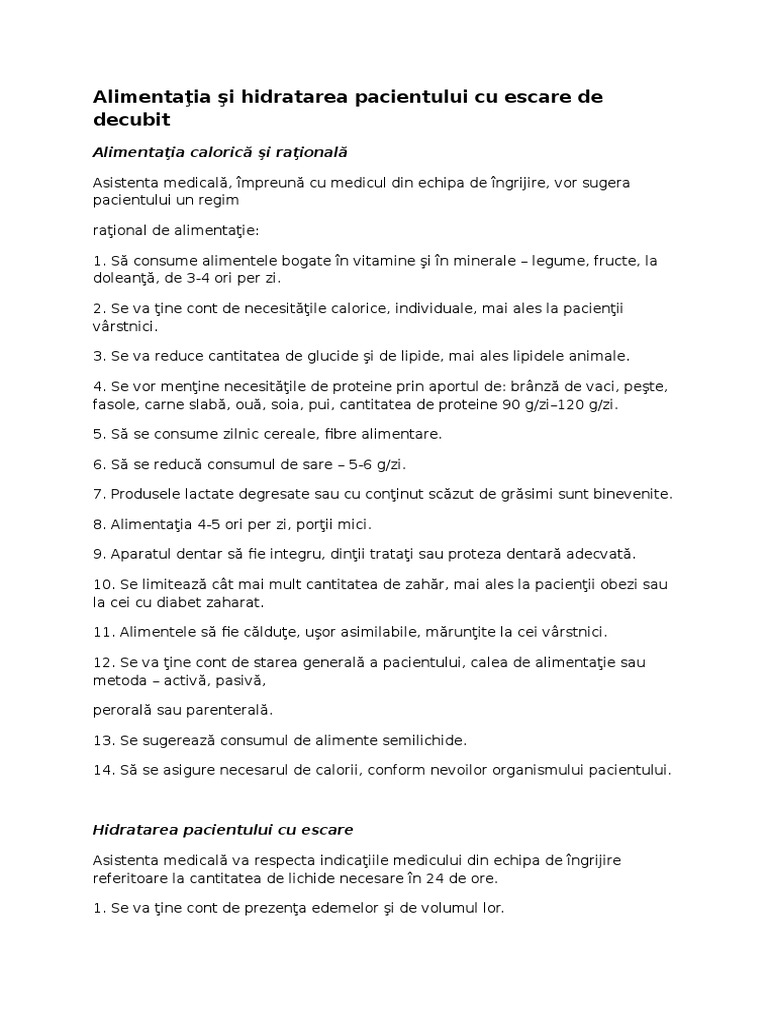 Alimentaţia Şi Hidratarea Pacientului Cu Escare de Decubit | PDF