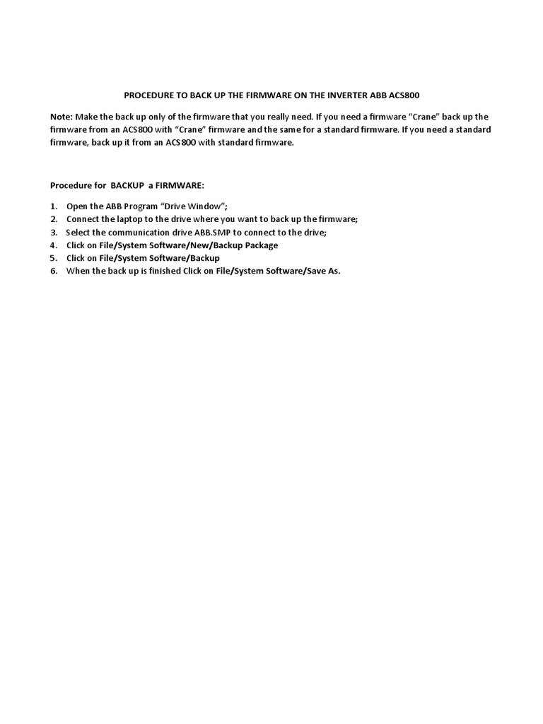 Procedure To Backup - Restore Firmware On ACS800 | PDF