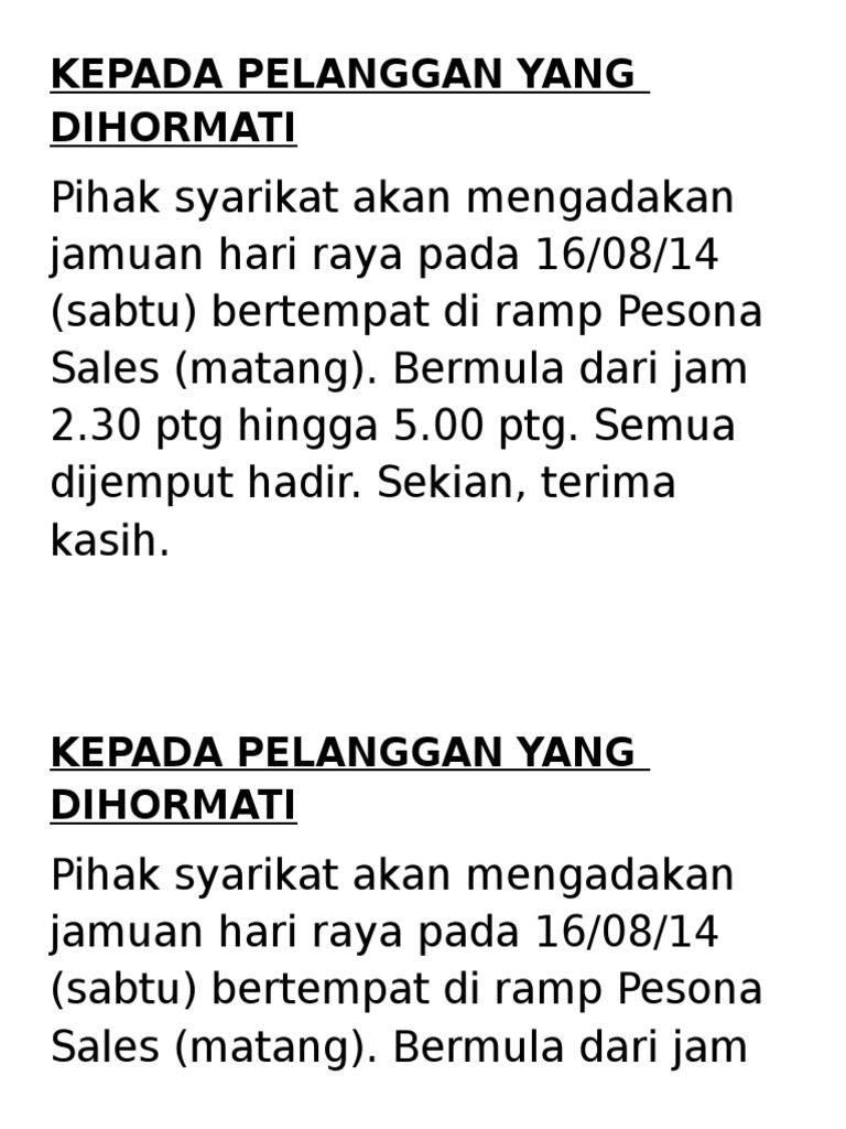 Kepada Pelanggan Yang Dihormati | PDF