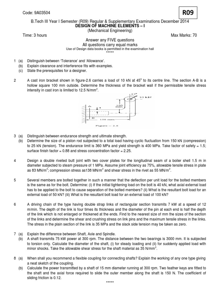 Design of Machine Elements I Examination: Questions on Tolerances, Fits ...