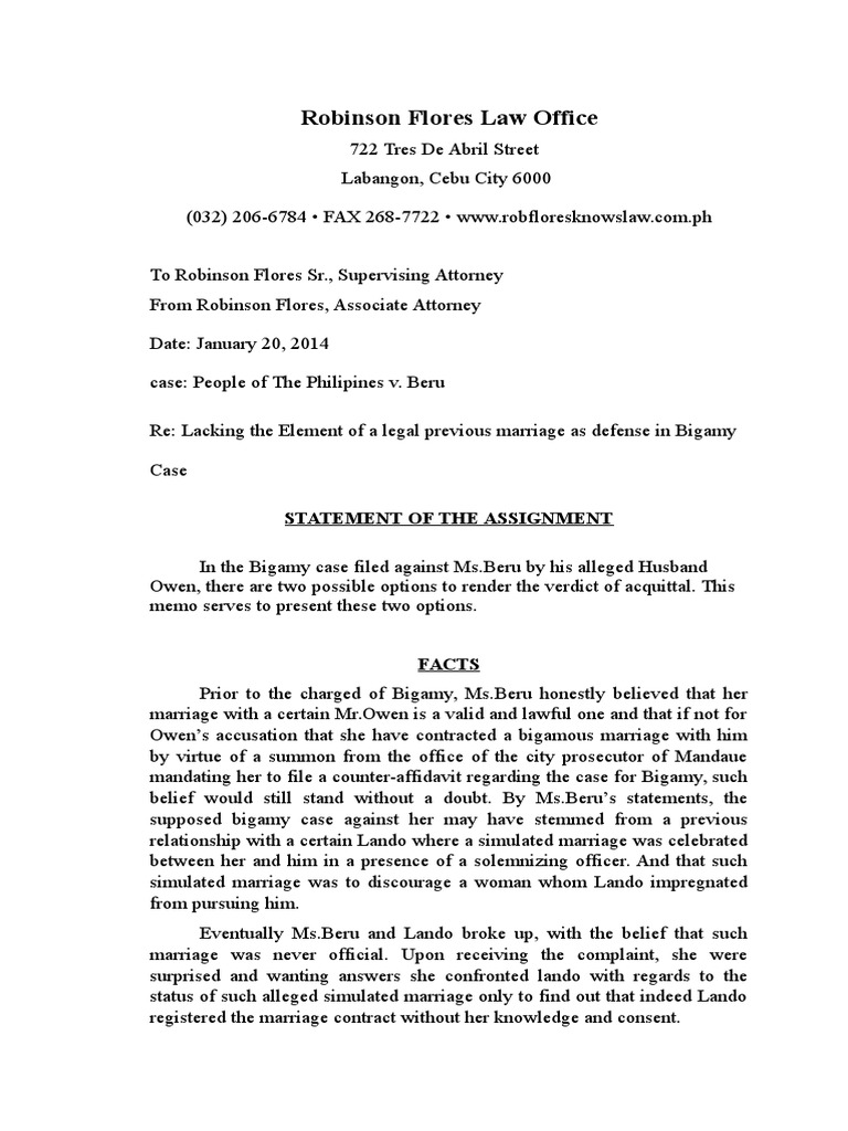 Legal Memo and Client Letter Sample | PDF | Marriage | Crime & Violence