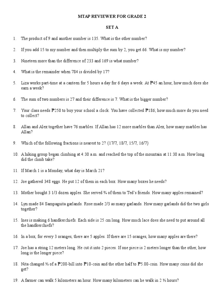 MTAP Reviewers for Grade 2 Mathematics: Sets A, B, and C | PDF | Teaching Mathematics