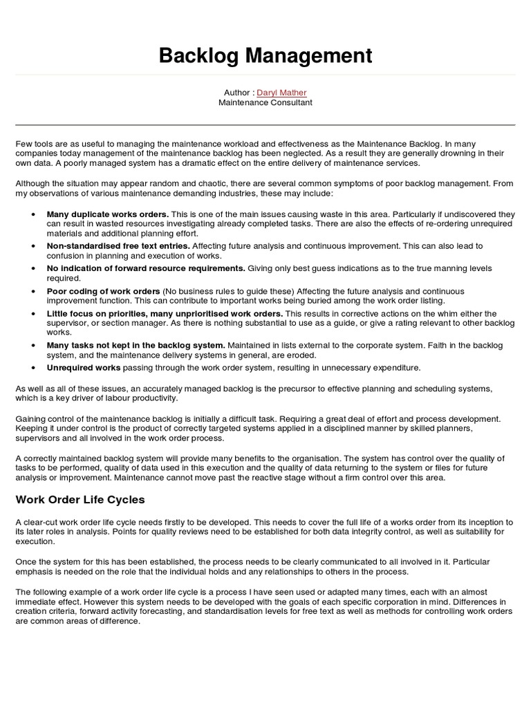 Backlog Management: Work Order Life Cycles | PDF | Product Lifecycle ...