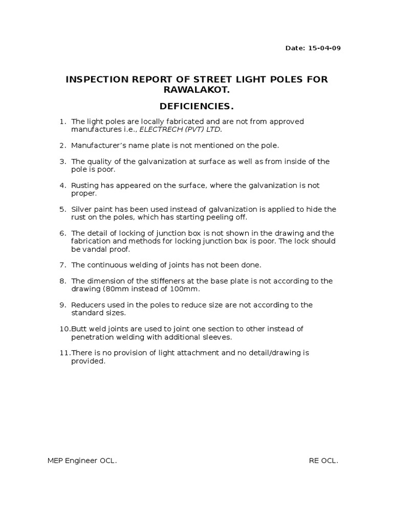 Inspection Reports For Street Light Poles For Rwalakot. | PDF | Home ...