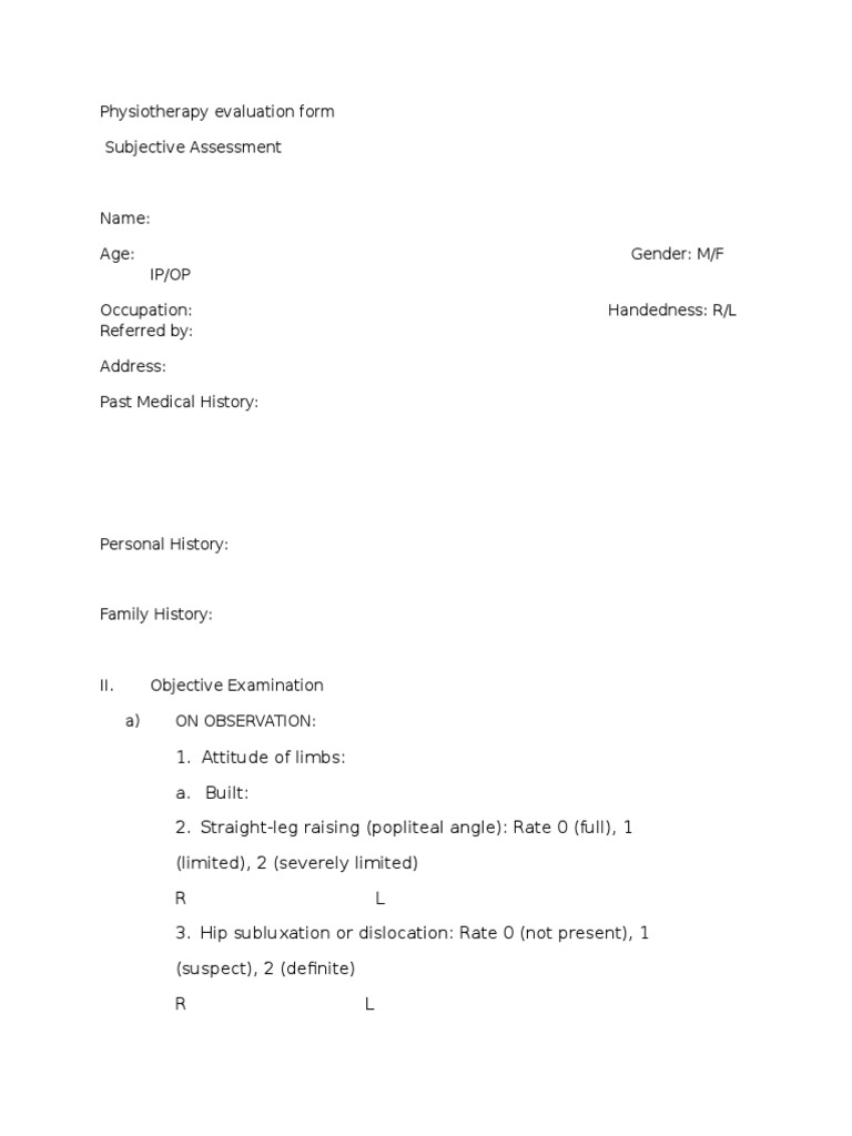 Physiotherapy Evaluation Form Template | PDF