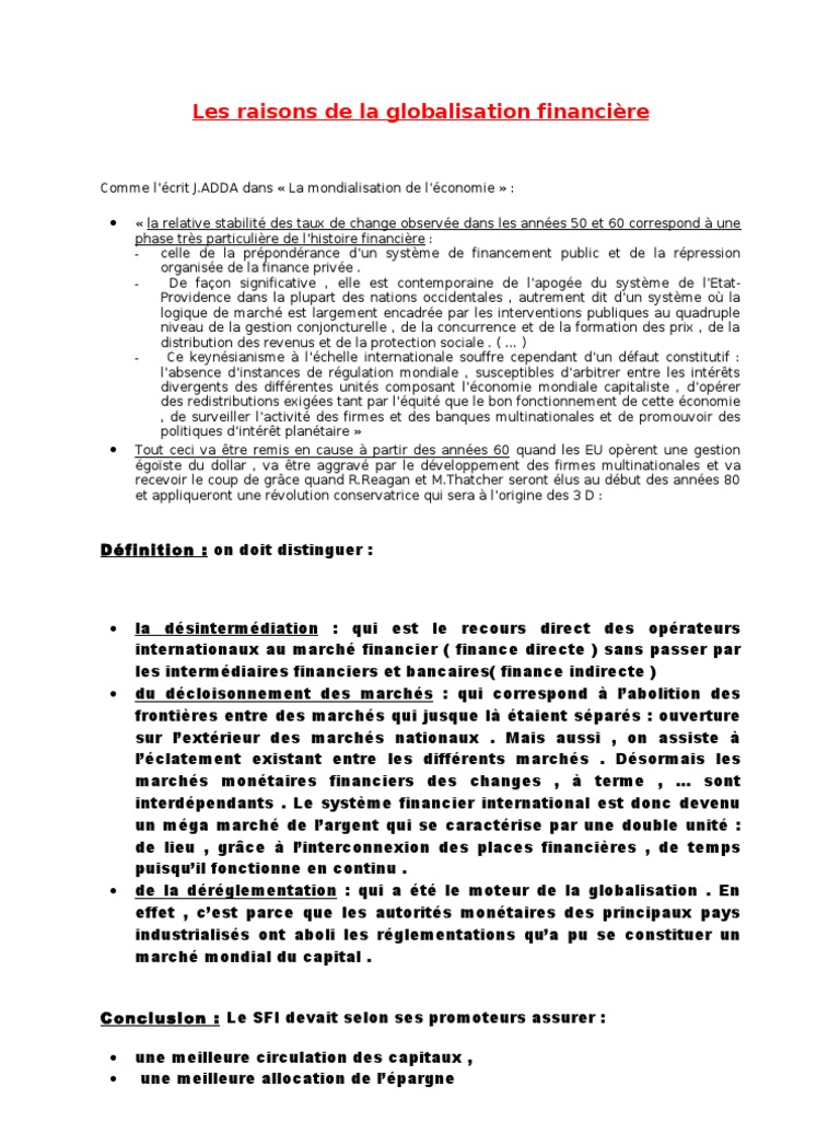 Les Raisons de La Globalisation Financière | PDF | Mondialisation | Banques