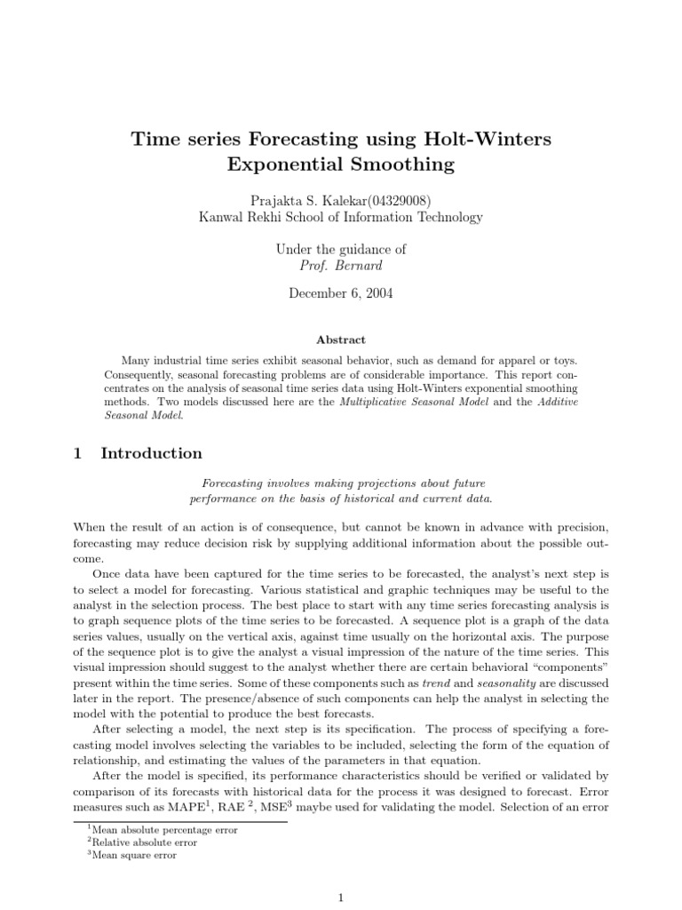 Time Series Forecasting Using Holt Winters Exponential Smoothing Pdf