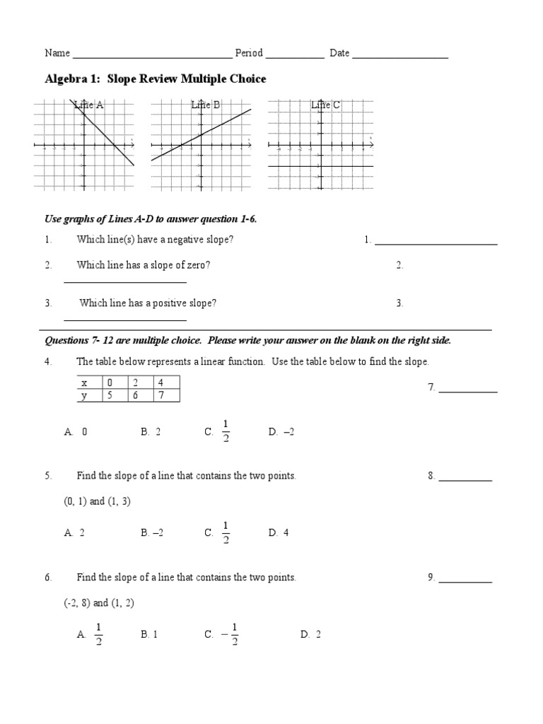Algebra 1: Slope Review Multiple Choice: Use Graphs of Lines A-D To ...