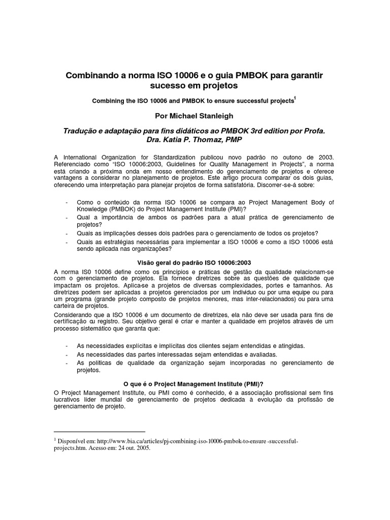 Resumo Iso 10006 | PDF | Qualidade (negócios) | Gestão de projetos