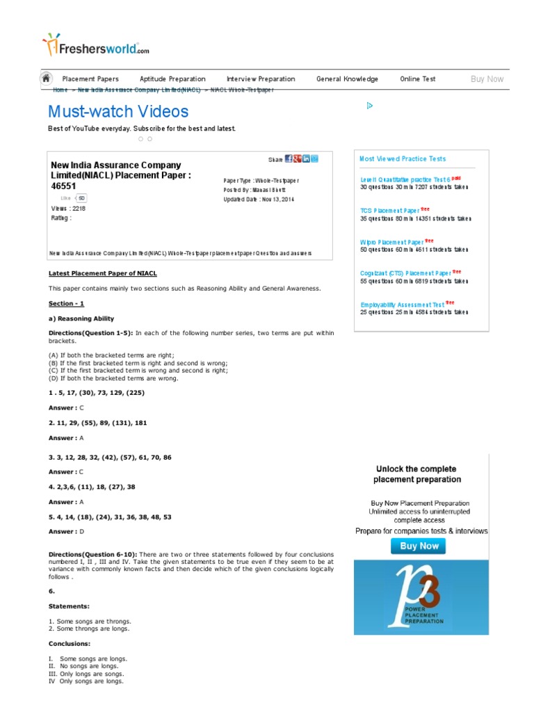 NIACL Placement Paper Whole Testpaper 46551 | PDF | Master Of Business ...