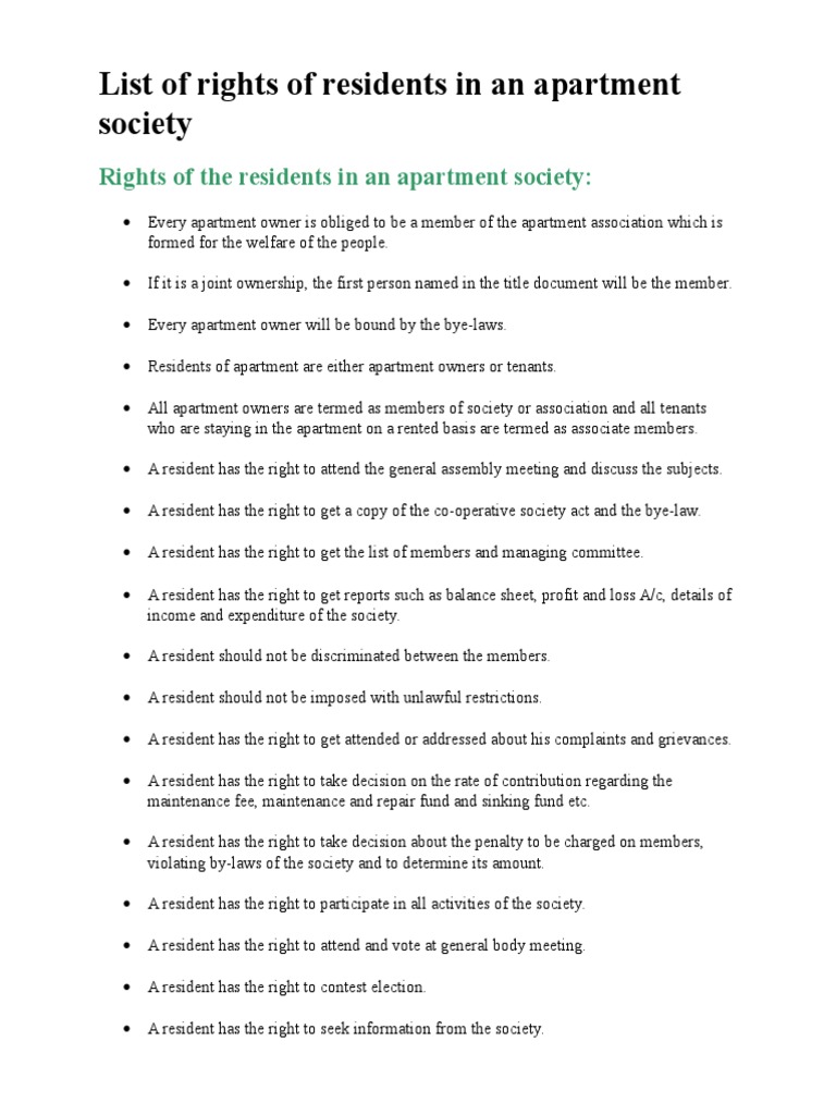 List of Rights of Residents in an Apartment Society | Leasehold Estate ...