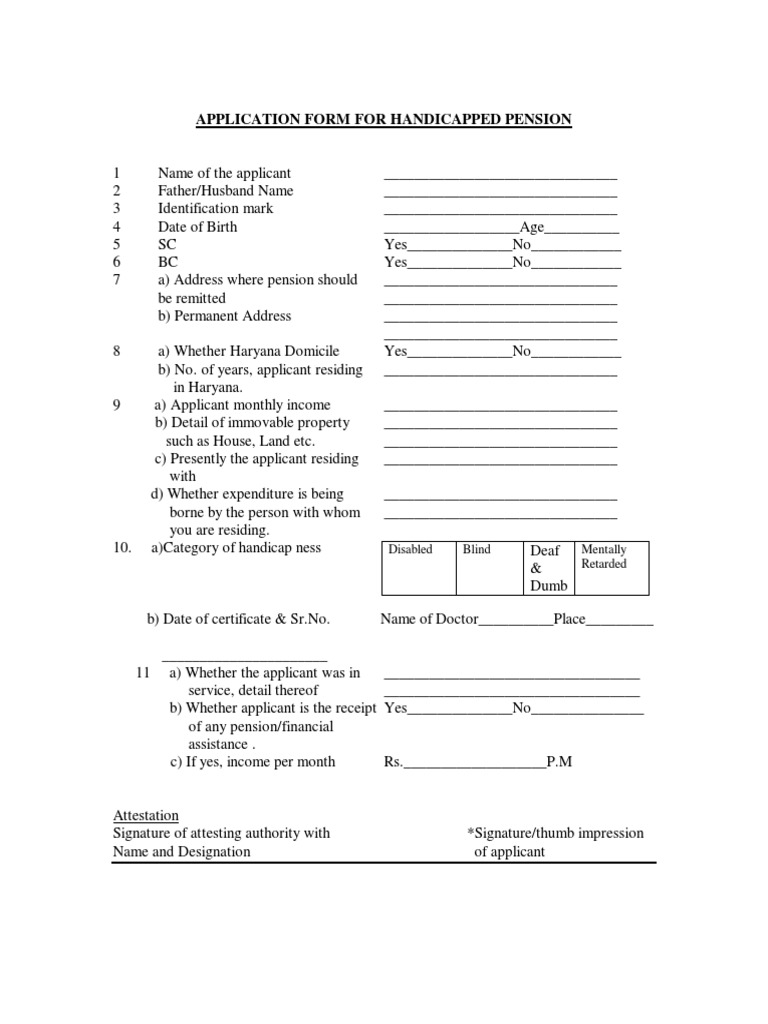 Application Form For Handicapped Pension: Disabled Blind Mentally ...