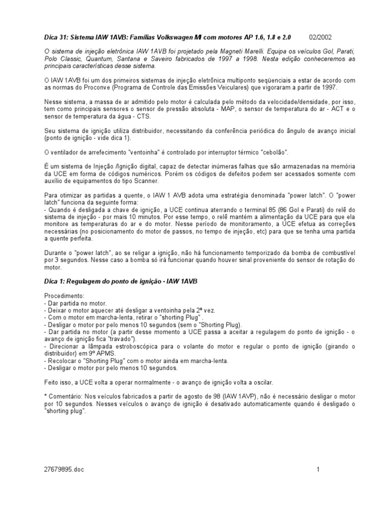 Dica 31: Sistema IAW 1AVB: Famílias Volkswagen | PDF | Injeção ...