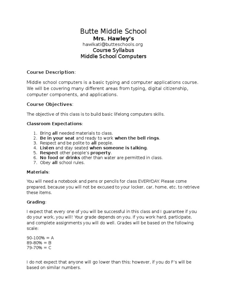 Butte Middle School Computers Syllabus | PDF | Homework | Test (Assessment)