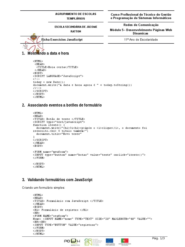 Exercícios 1 JavaScript | PDF | Script Java | Desenvolvimento de software