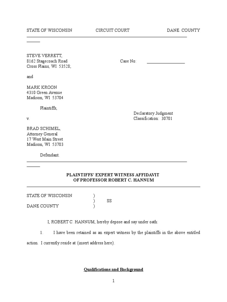 Plaintiffs' Expert Witness Affidavit featuring testimony from Professor ...