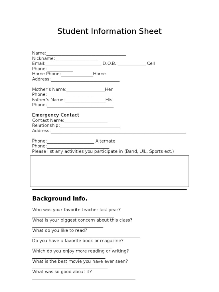 Student Information Sheet PDF