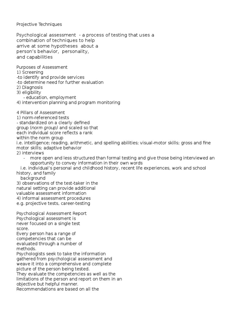 Projective Techniques - Handout | PDF | Psychological Evaluation | Tests