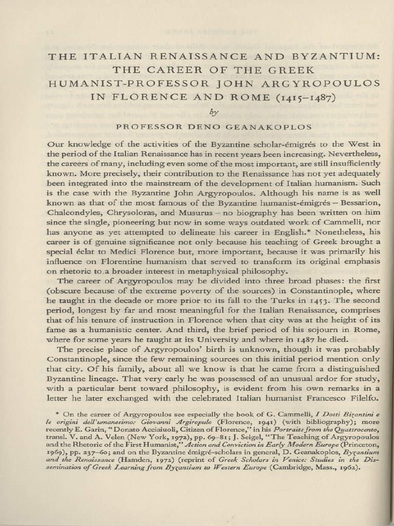 The Italian Renaissance and Byzantium: The Career of The Greek Humanist ...