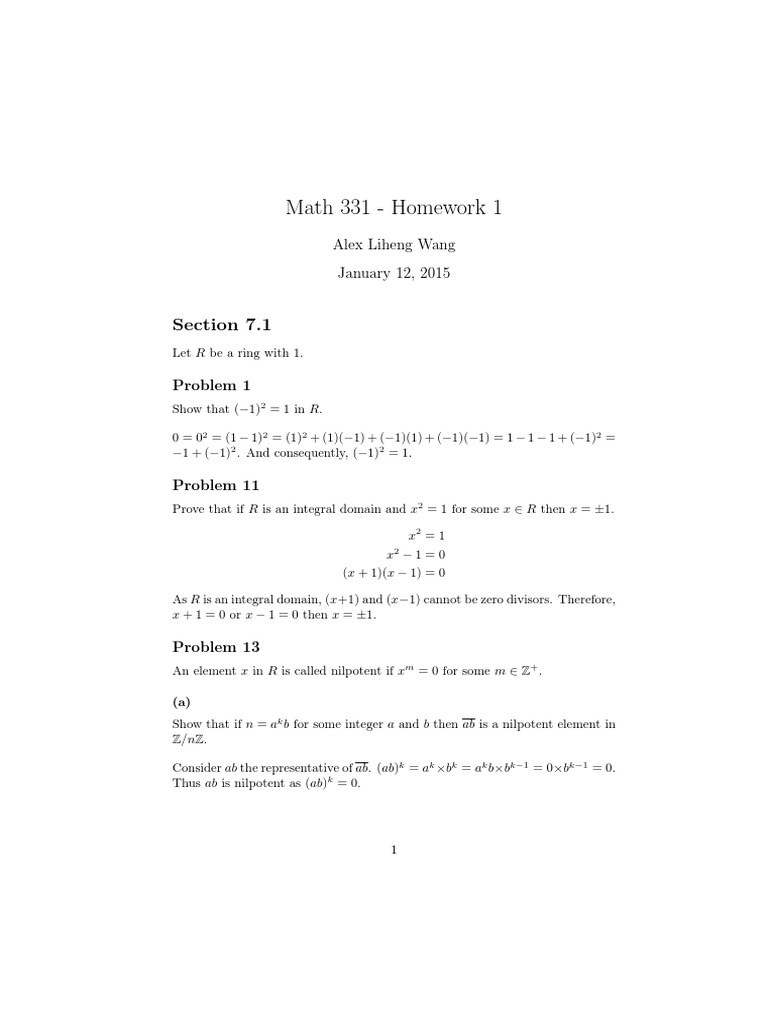 Math 331 HW1 | PDF | Ring (Mathematics) | Integer