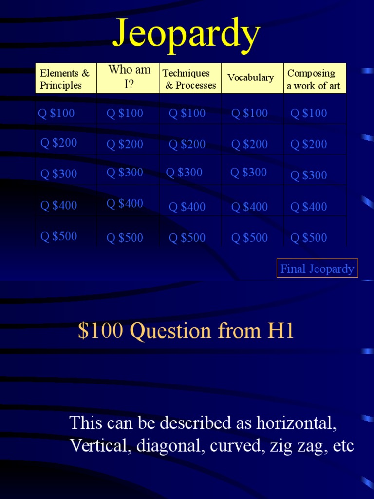 Art 1 Jeopardy Final Review | PDF | Composition (Visual Arts) | Drawing
