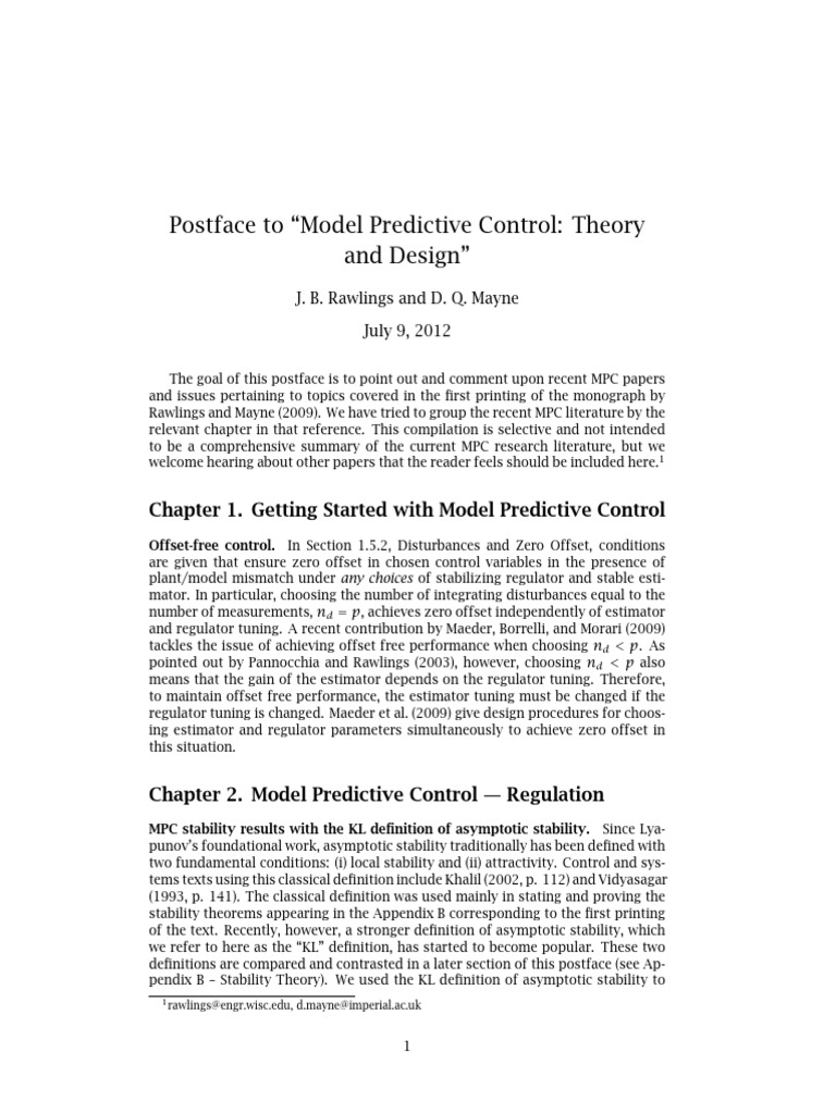 Model Predictive Control - Theory and Design - Rawlings and Mayne | PDF