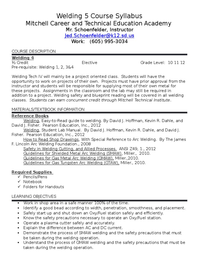 Welding 5 Course Syllabus: Mitchell Career and Technical Education ...