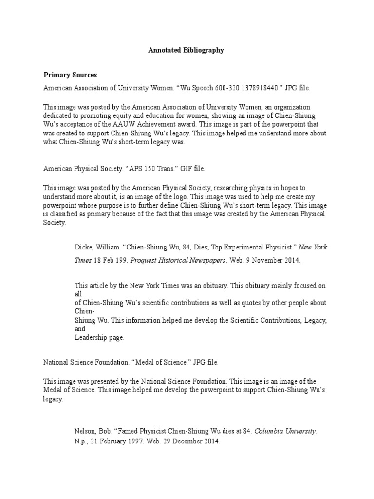 Annotated Bibliography Primary Sources: Times 18 Feb 199. Proquest ...