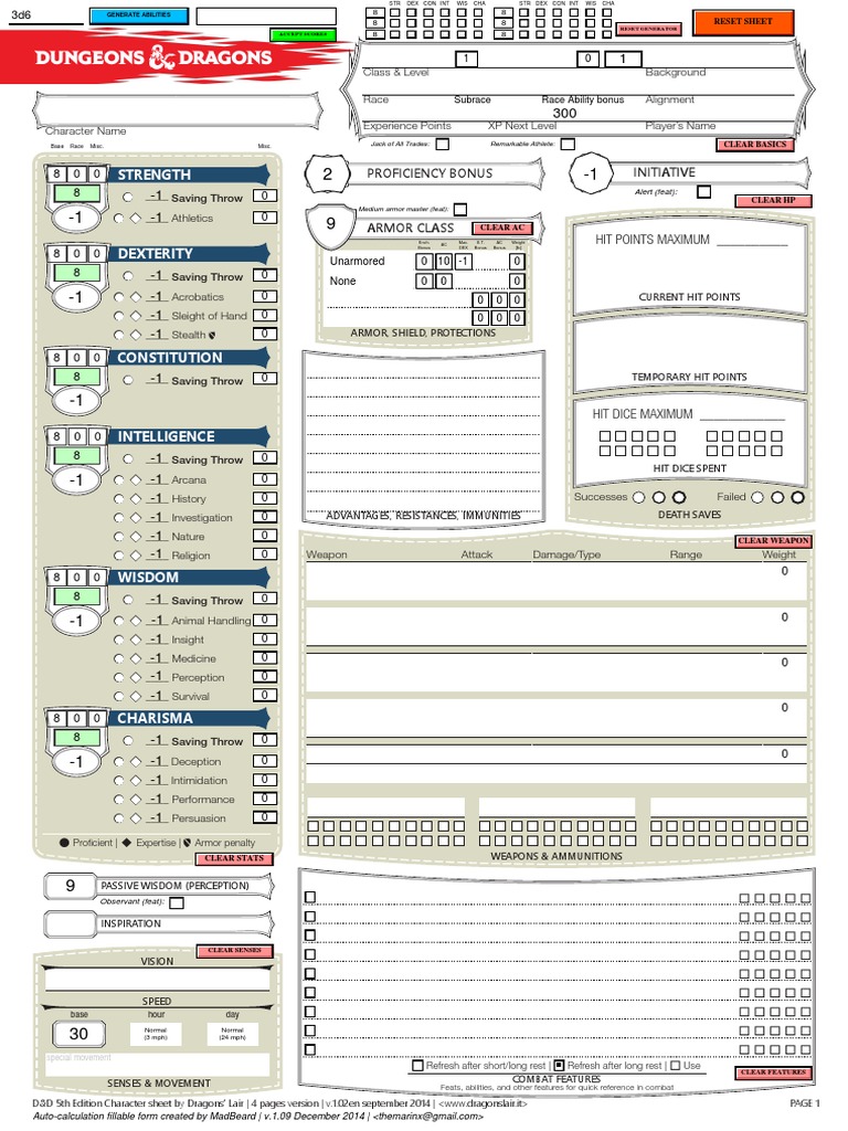 MadBeard Fillable Character Sheet v1.09 With Generator | PDF | Dungeons ...