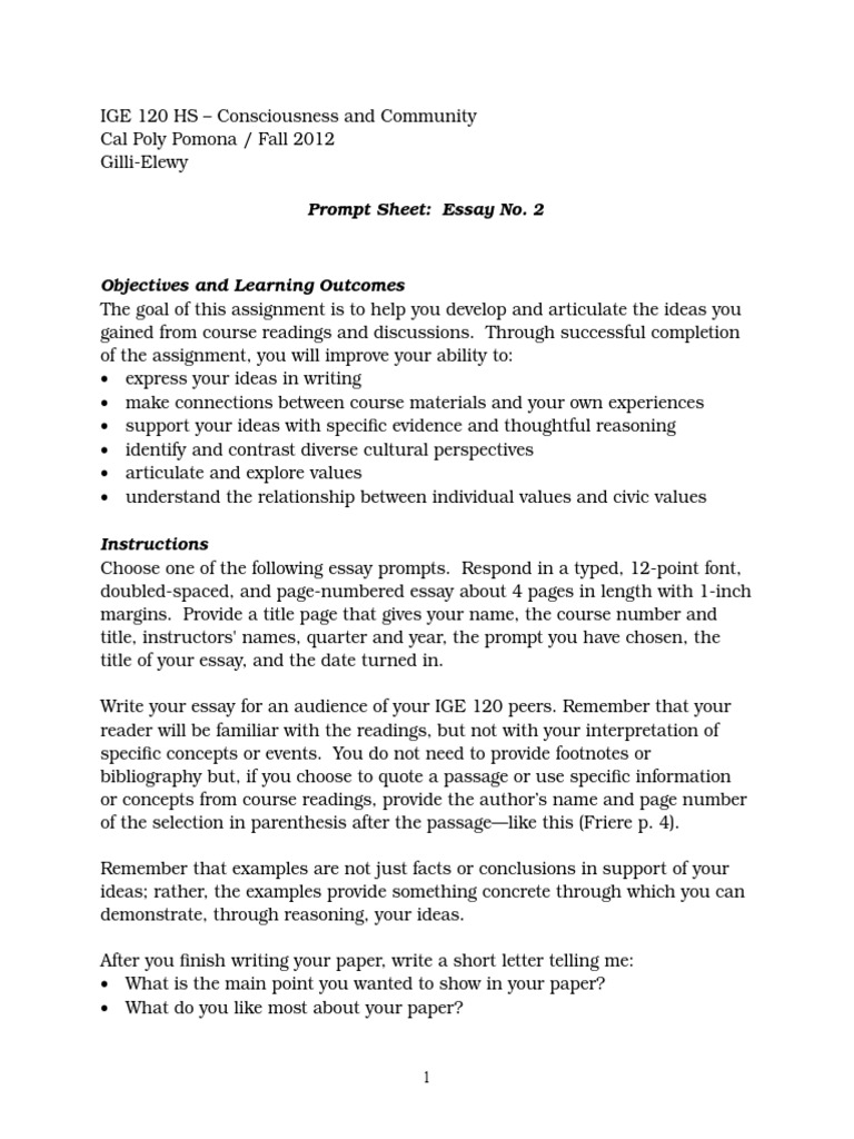 Prompt Sheet: Essay No. 2 | PDF | Essays | Reading (Process)