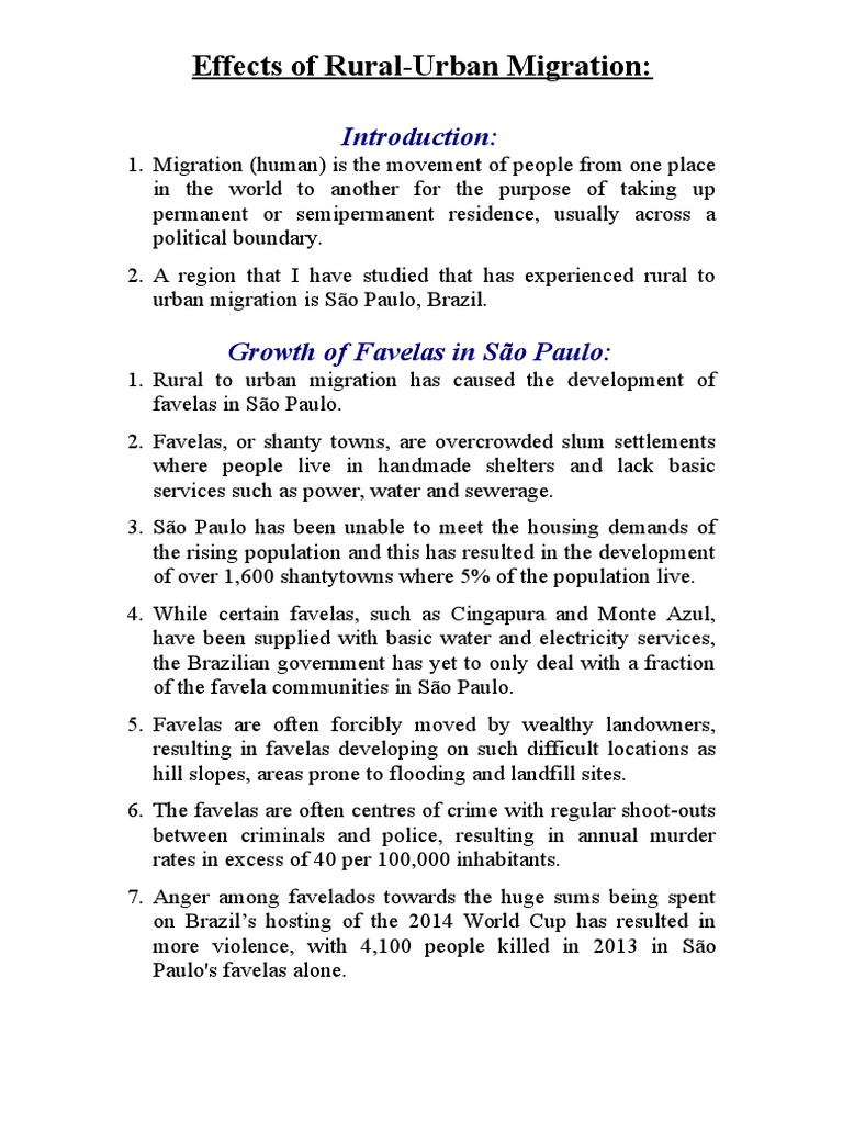 Effects of Rural To Urban Migration | PDF | Urbanization | Shanty Town