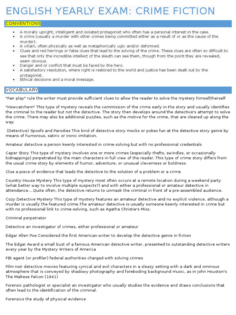 CRIME FICTION CONVENTIONS EXAM | PDF | Detective Fiction | Mystery Fiction