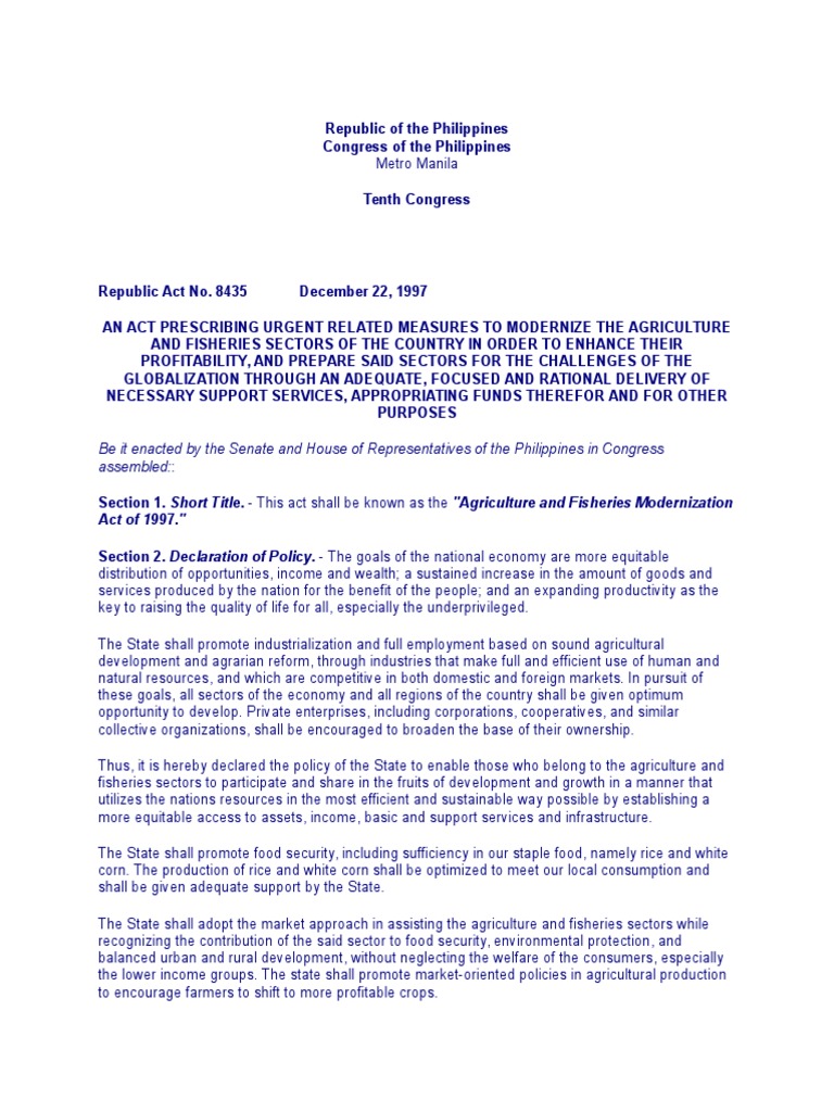 Ra 8435 - Fisheries Act | PDF | Food Security | Agriculture
