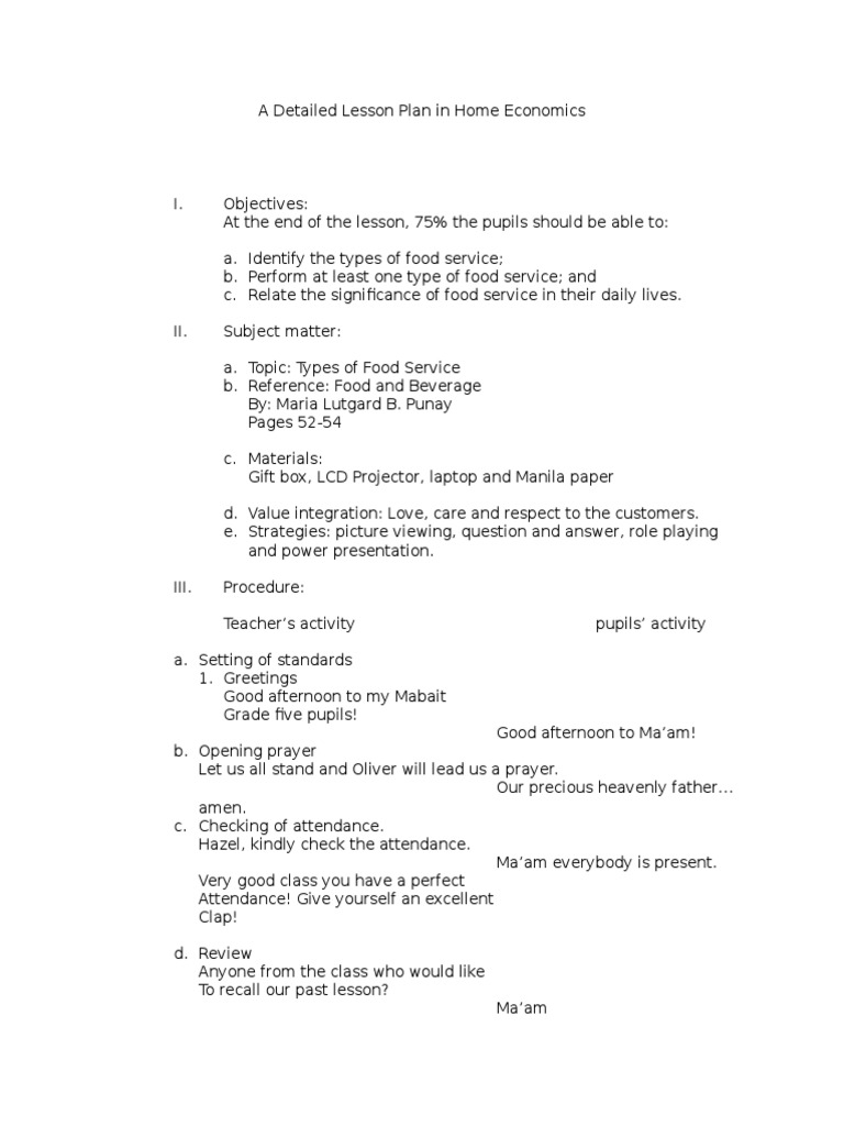 A Detailed Lesson Plan in Home Economics | PDF | Lesson Plan | Cognition