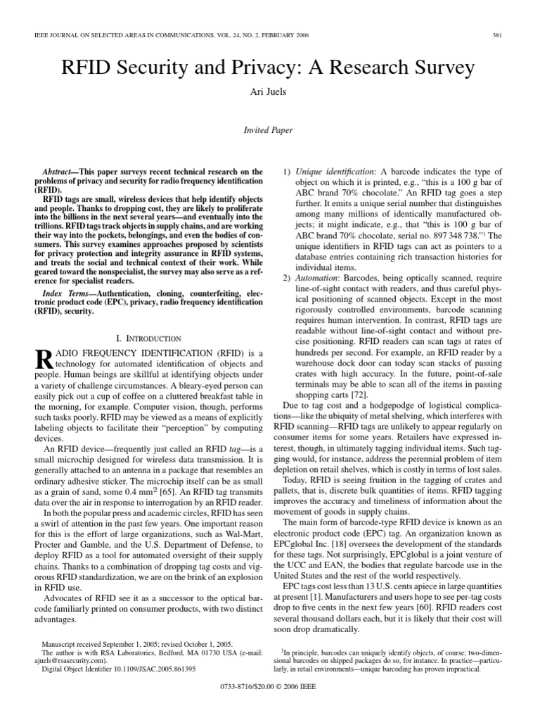 RFID Security and Privacy: A Research Survey: Ari Juels | PDF | Radio ...