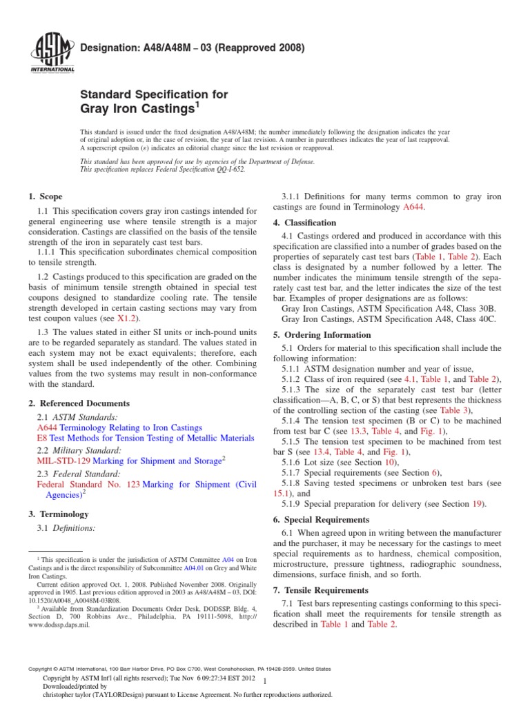 Gray Iron Castings: Standard Specification For | PDF