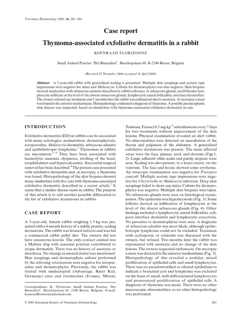 Thymoma-Associated Exfoliative Dermatitis in A Rabbit (Pages 281-284 ...